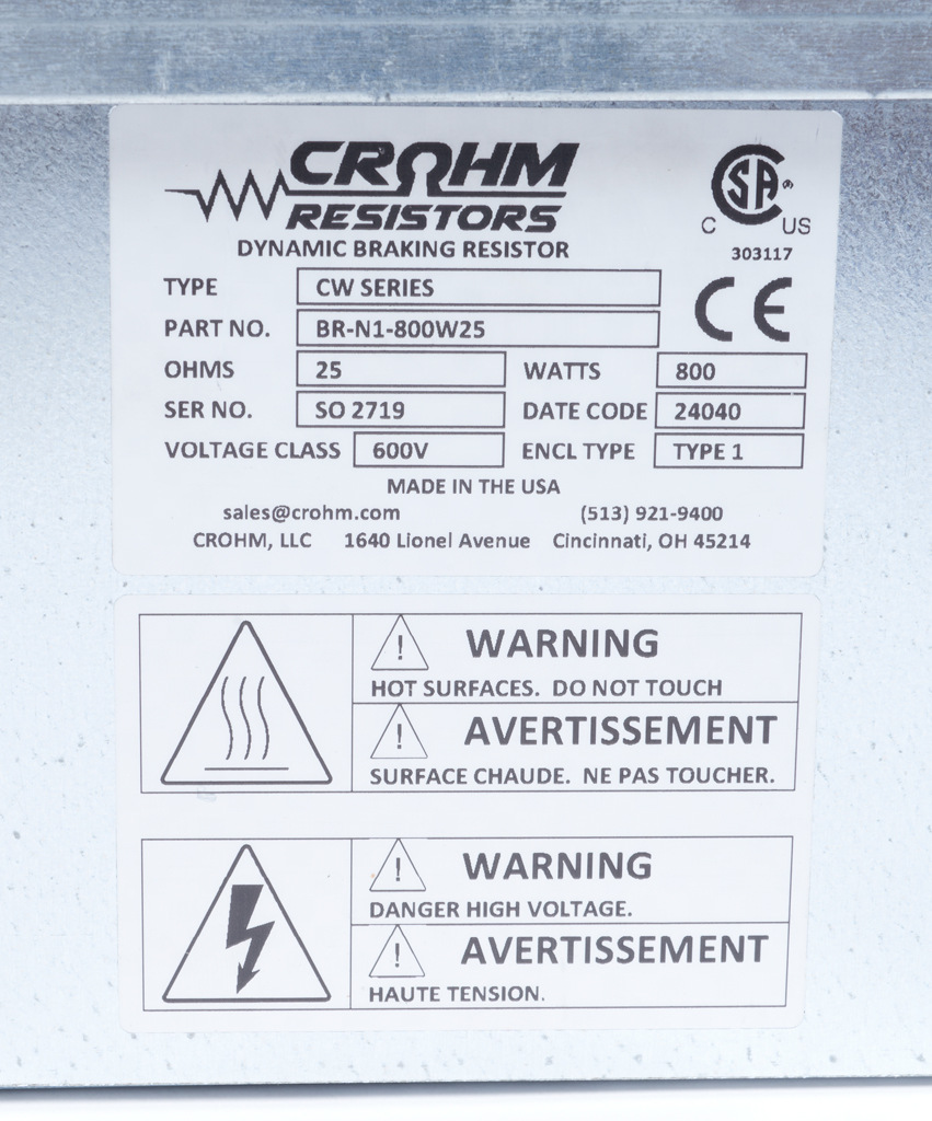 Braking Resistor: 800W, 25 ohm, for multiple AC drives (PN# BR-N1 ...