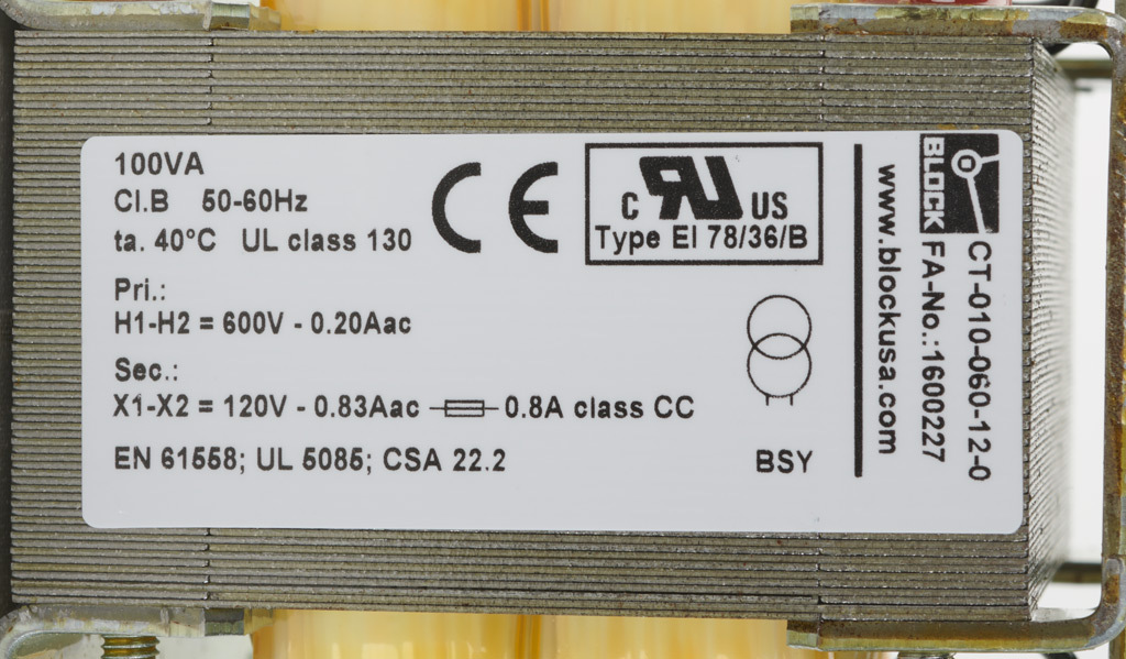 Control Transformer: open core, 100 VA (PN# CT-010-060-12-0 ...