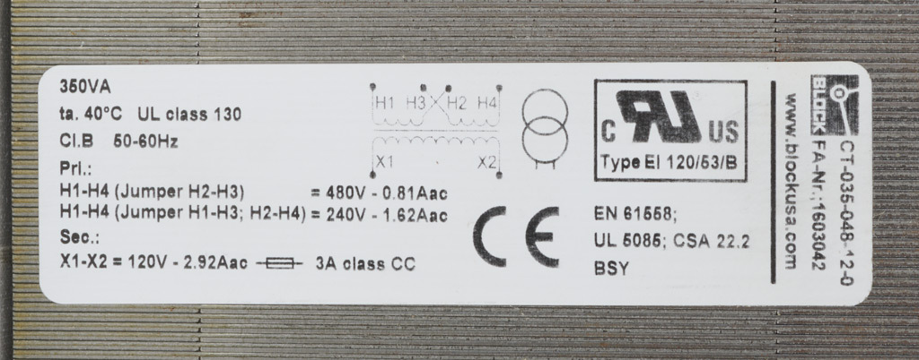 Control Transformer: open core, 350 VA (PN# CT-035-048-12-0 ...