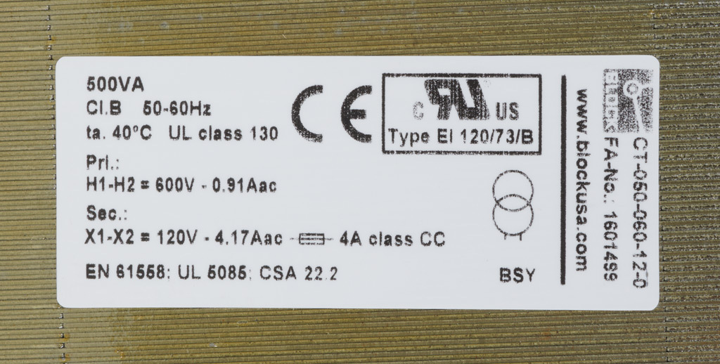 Control Transformer: open core, 500 VA (PN# CT-050-060-12-0) | AutomationDirect
