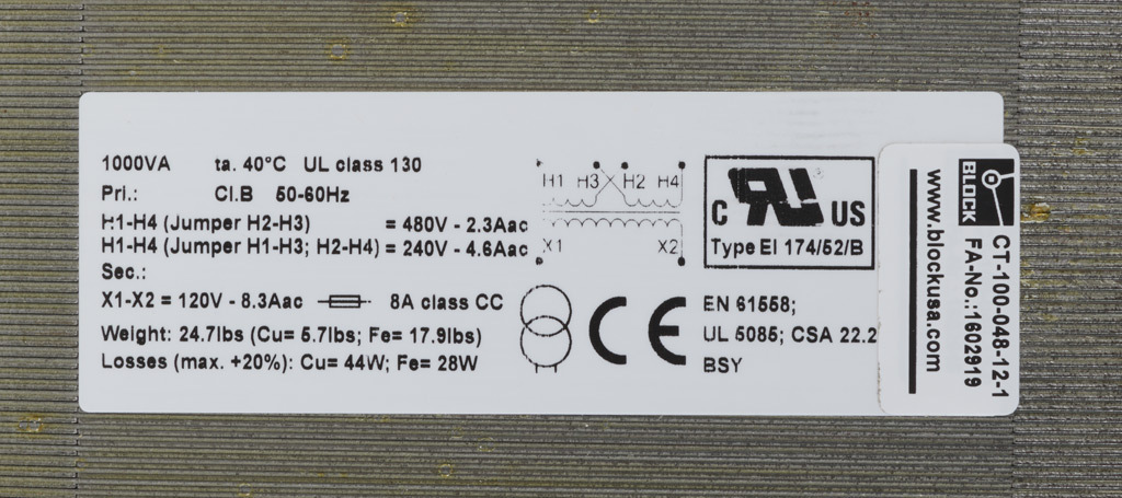 Control Transformer: open core, 1 kVA (PN# CT-100-048-12-1 ...
