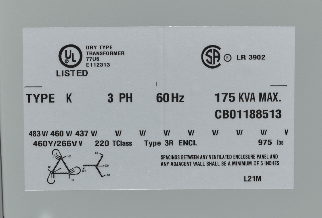 Drive Isolation Transformer: open core, 175 kVA (PN# DM175JJ ...