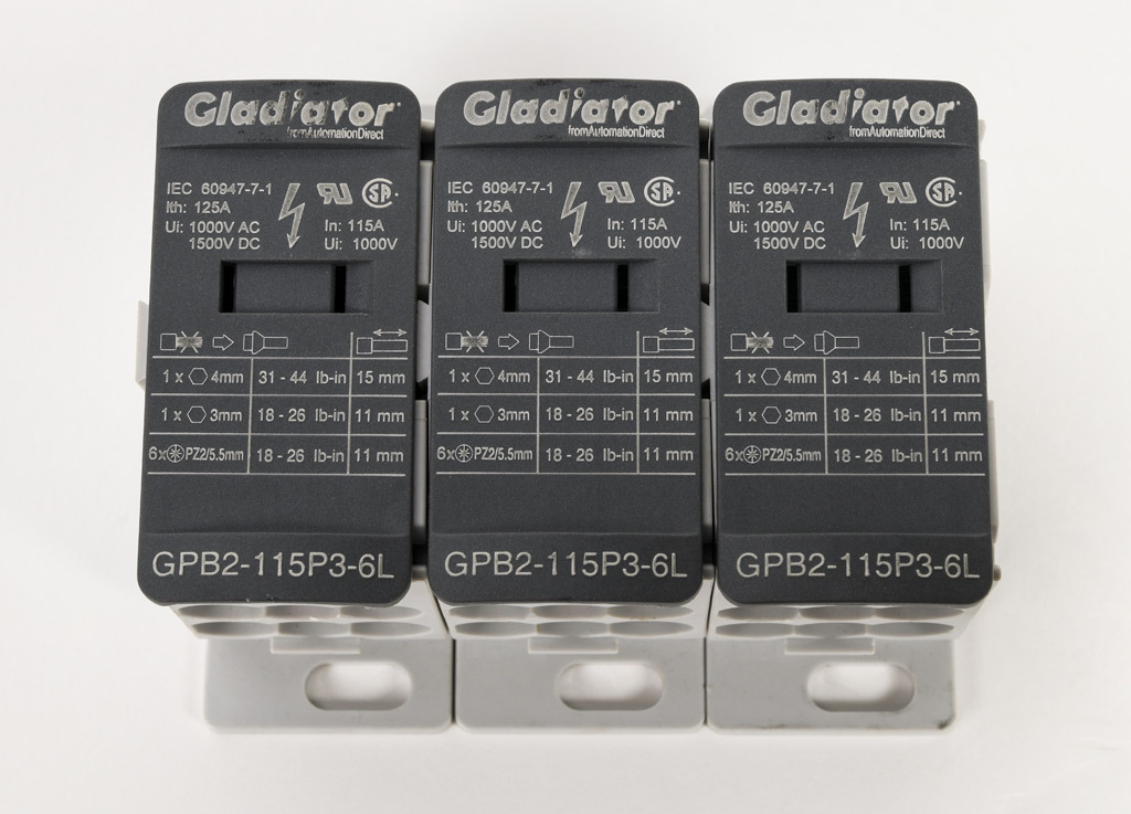 Terminal Block: enclosed, 115A, 3-pole, UL 1059 recognized (PN# GPB2-115P3-6L) | AutomationDirect