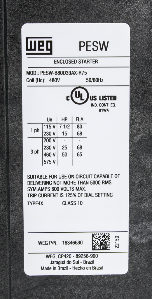Motor Starter: 63.0-80.0A adjustable (PN# PESW-B80D39AX-R75 ...