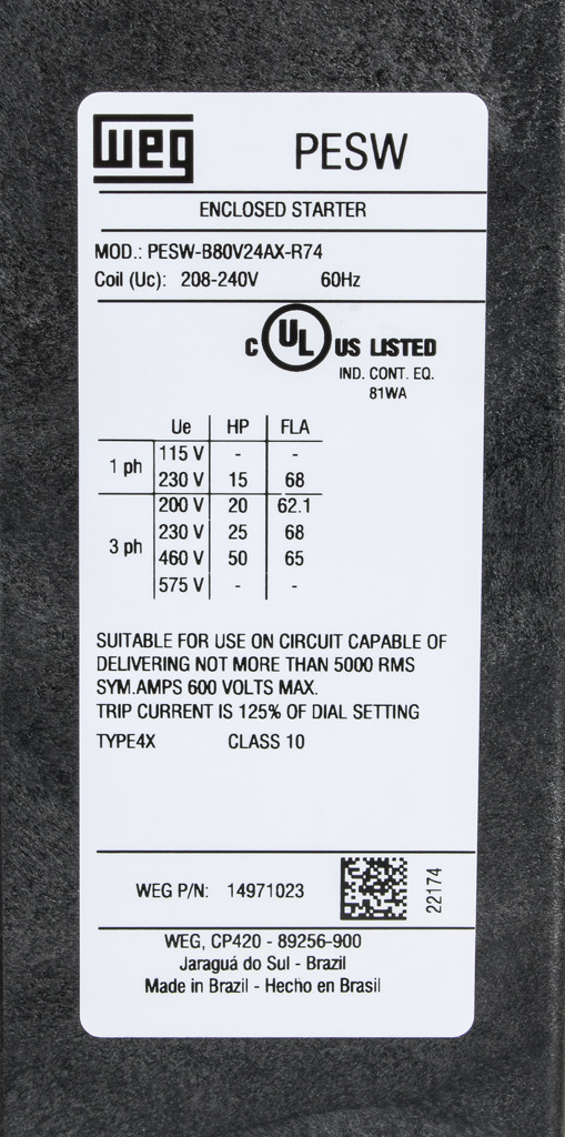 Motor Starter: 57.0-70.0A adjustable (PN# PESW-B80V24AX-R74 ...