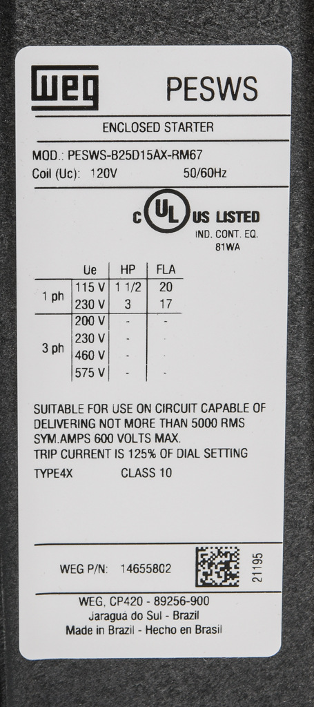 Motor Starter: 15.0-23.0.A Adjustable (PN# PESWS-B25D15AX-RM67 ...