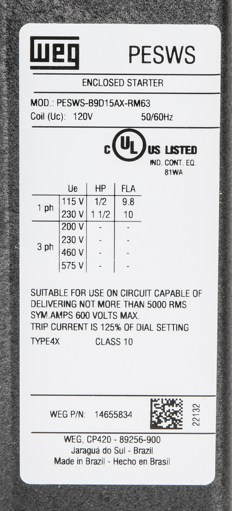 Motor Starter: 7.0-10.0A Adjustable (PN# PESWS-B9D15AX-RM63 ...