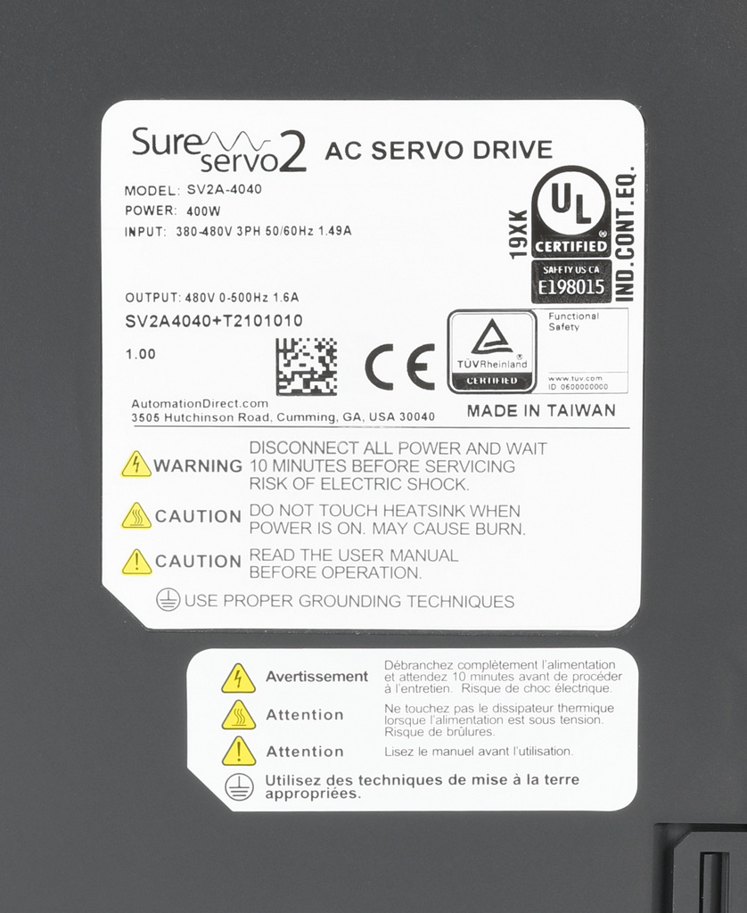 Servo Drive: Modbus RTU and ASCII, 400W, 460 VAC, 3-phase (PN# SV2A-4040) | AutomationDirect