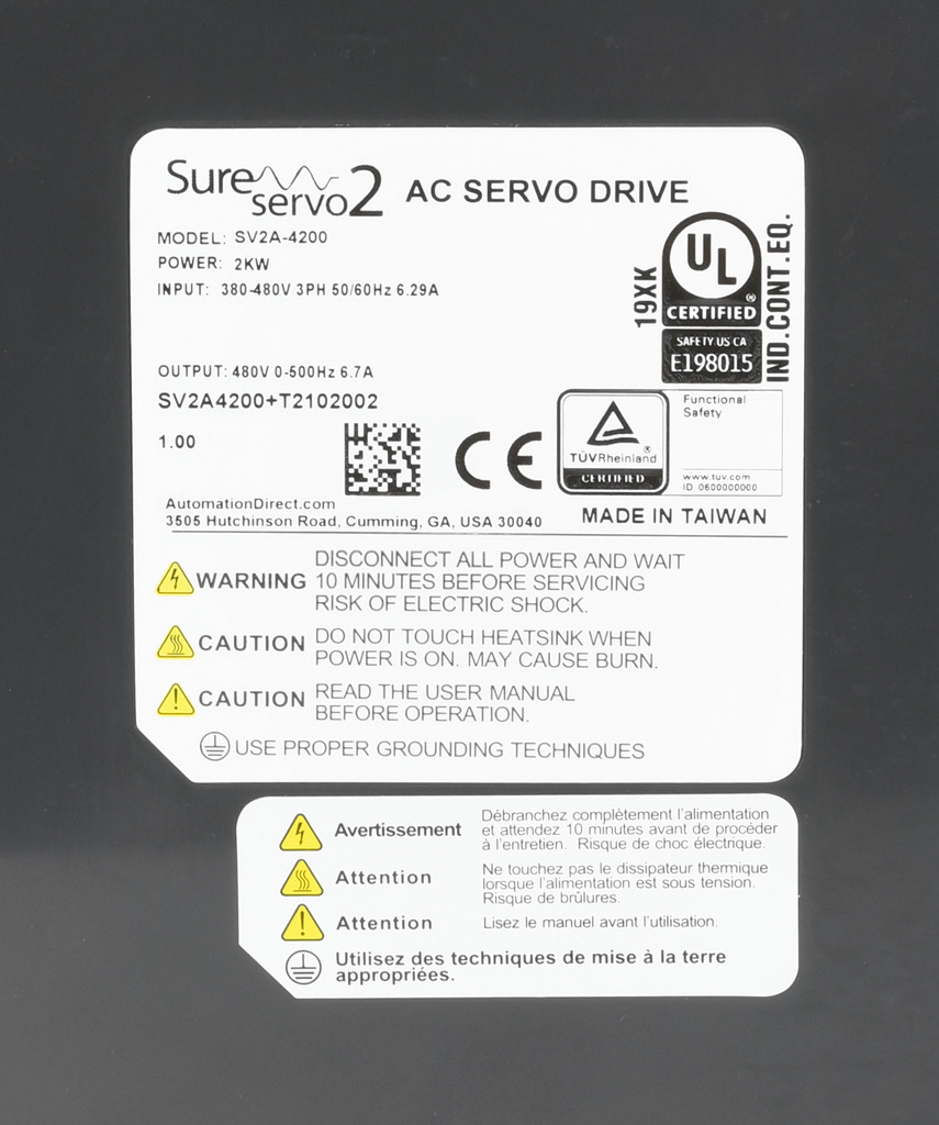 Servo Drive: Modbus RTU and ASCII, 2 kW, 460 VAC, 3-phase (PN# SV2A ...