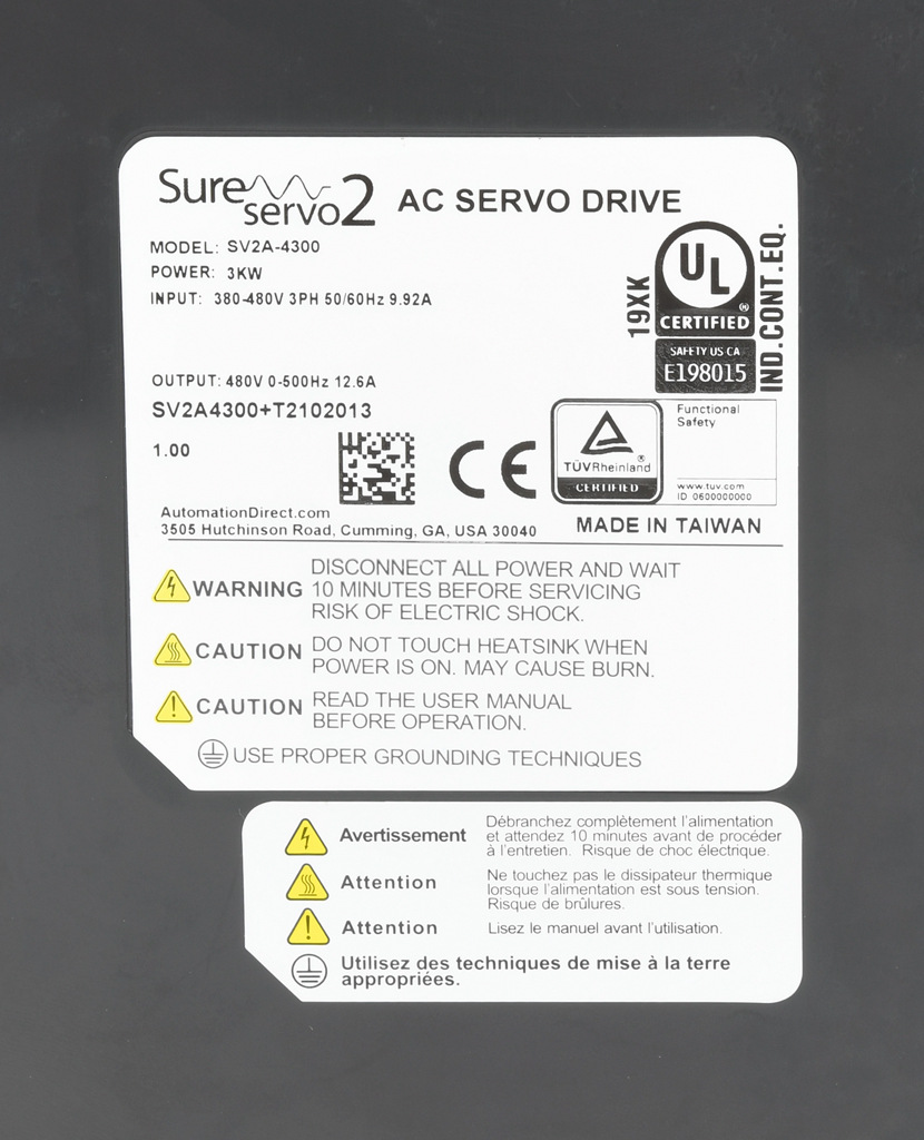 Servo Drive: Modbus RTU and ASCII, 3 kW, 460 VAC, 3-phase (PN# SV2A-4300) | AutomationDirect