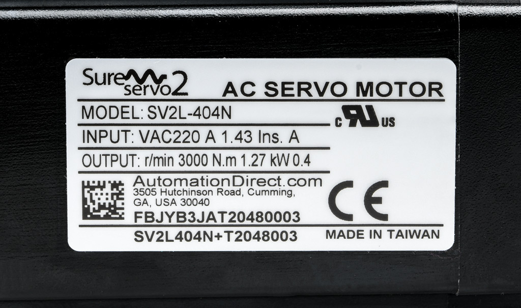 AC Brushless Servo Motor: low inertia, 400W (PN# SV2L-404N) | AutomationDirect