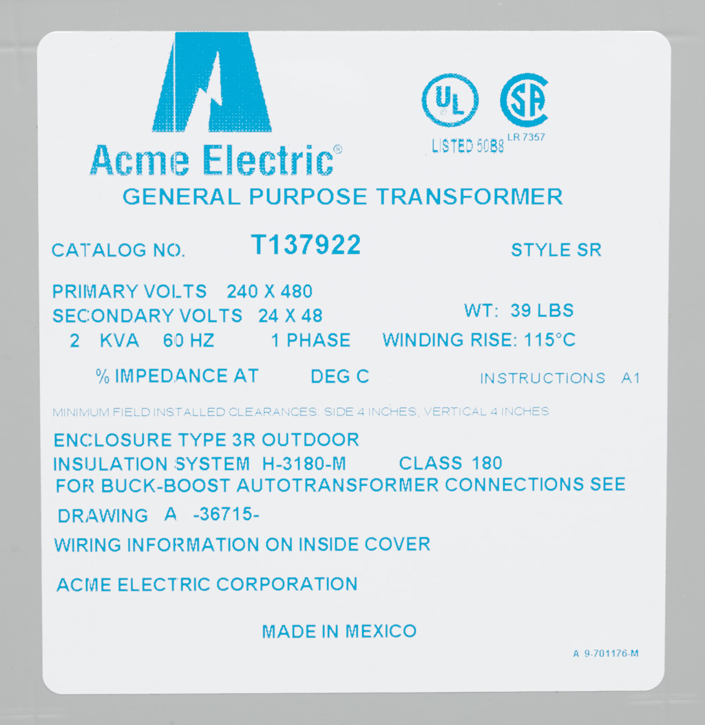 Buck-boost Transformer: encapsulated core, 2 kVA (PN# T137922 ...
