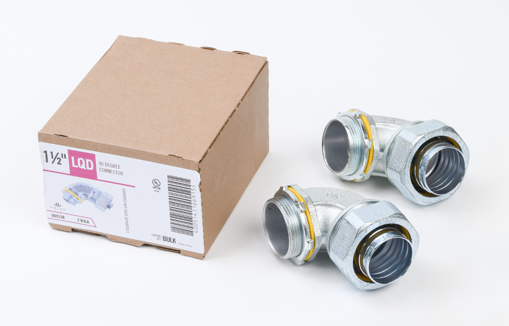 Liquid-tight Fitting: 2/pk, 1-1/2in ID, 90-degree, for LFMC and NM-Type ...