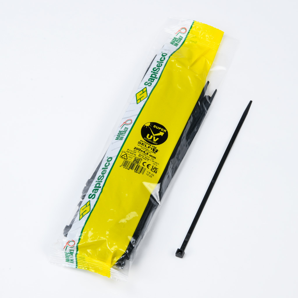 Cable Tie: 100/pk, 7.87in length, black, nylon (PN# SEL.SUV.223R) | AutomationDirect