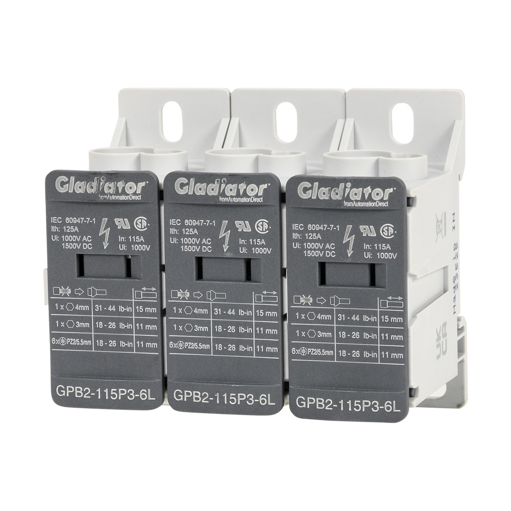 Terminal Block: enclosed, 115A, 3-pole, UL 1059 recognized (PN# GPB2-115P3-6L) | AutomationDirect
