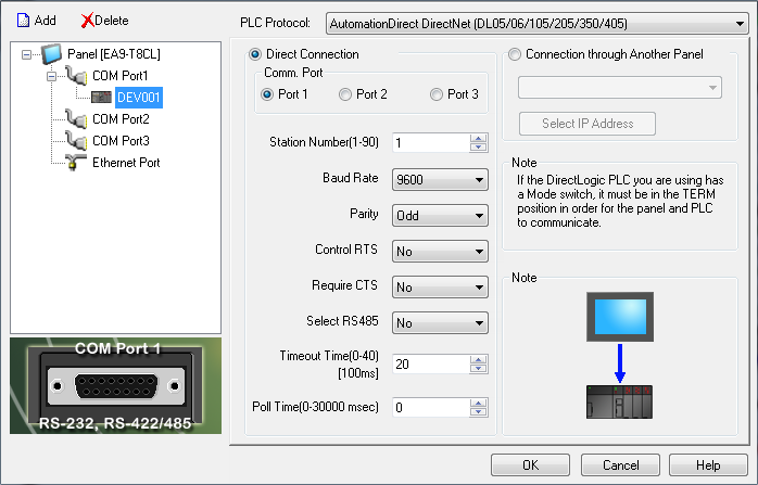 AutomationDirect DirectNet (DL05/06/105/205/350/405) Protocol Setup