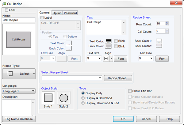 Call Recipe Object — General Tab
