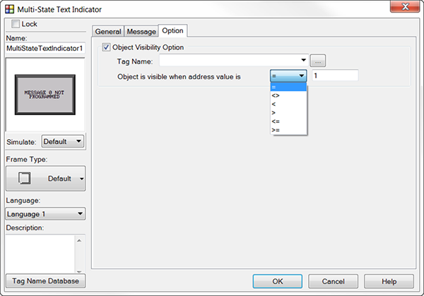 Multi-State Text Indicator Object — Option (Visibility) Tab