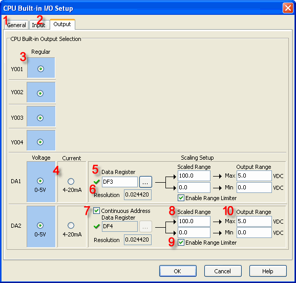 CPU Built-in I/O Setup: Output Tab (Analog CPU)
